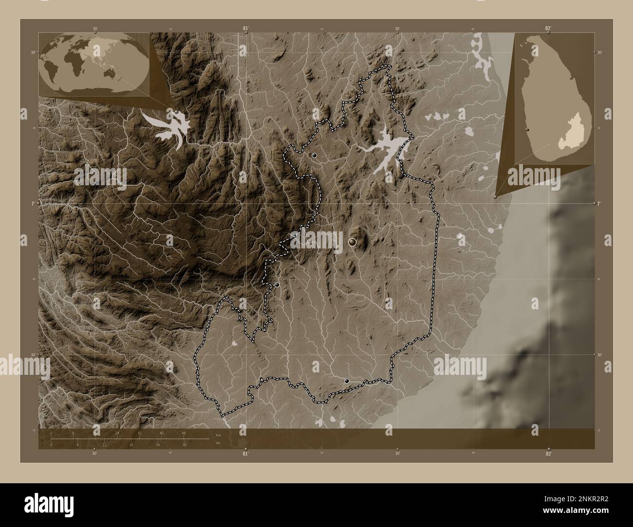 Moneragala, district of Sri Lanka. Elevation map colored in sepia tones ...