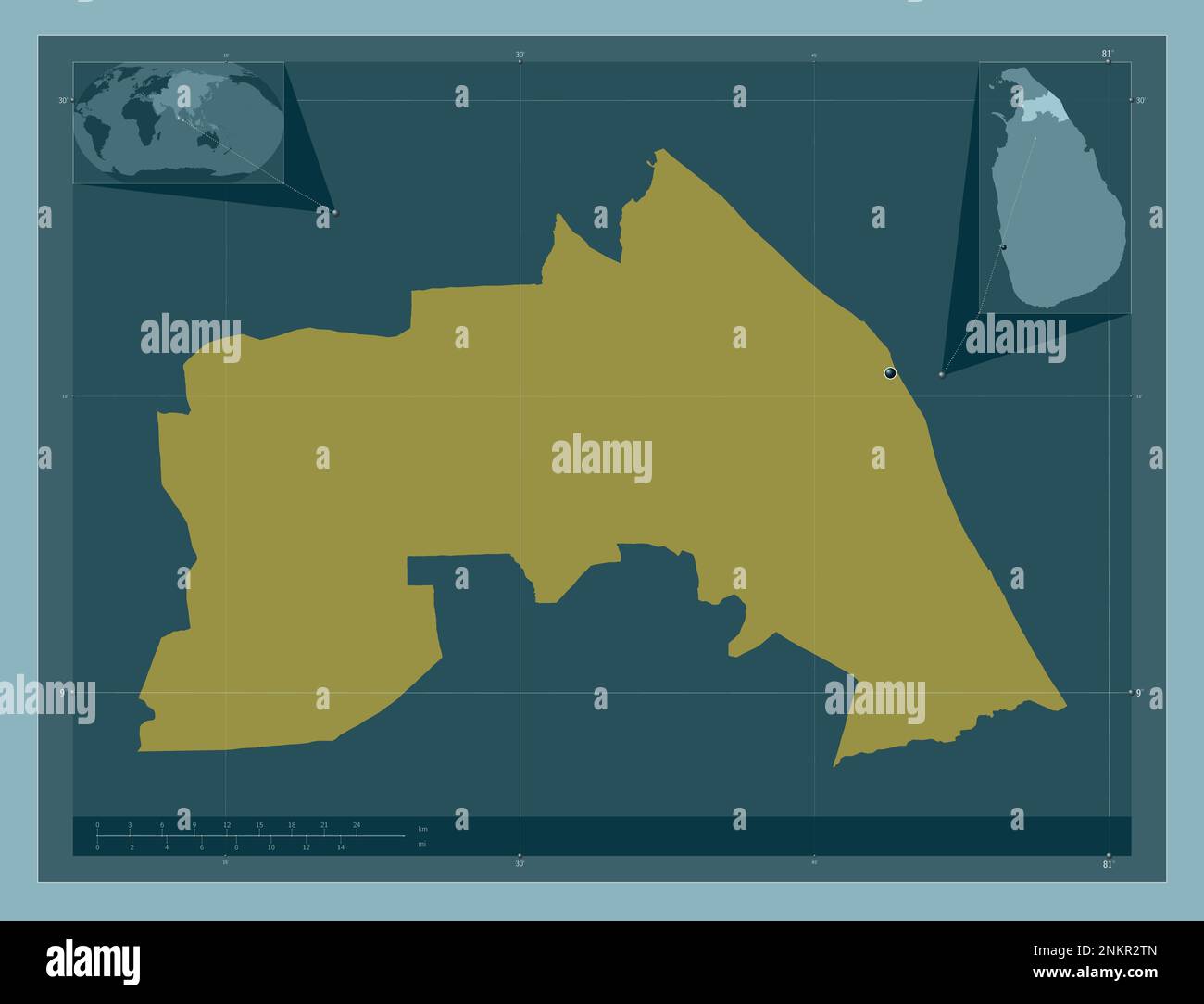 Mullaitivu, district of Sri Lanka. Solid color shape. Locations of ...