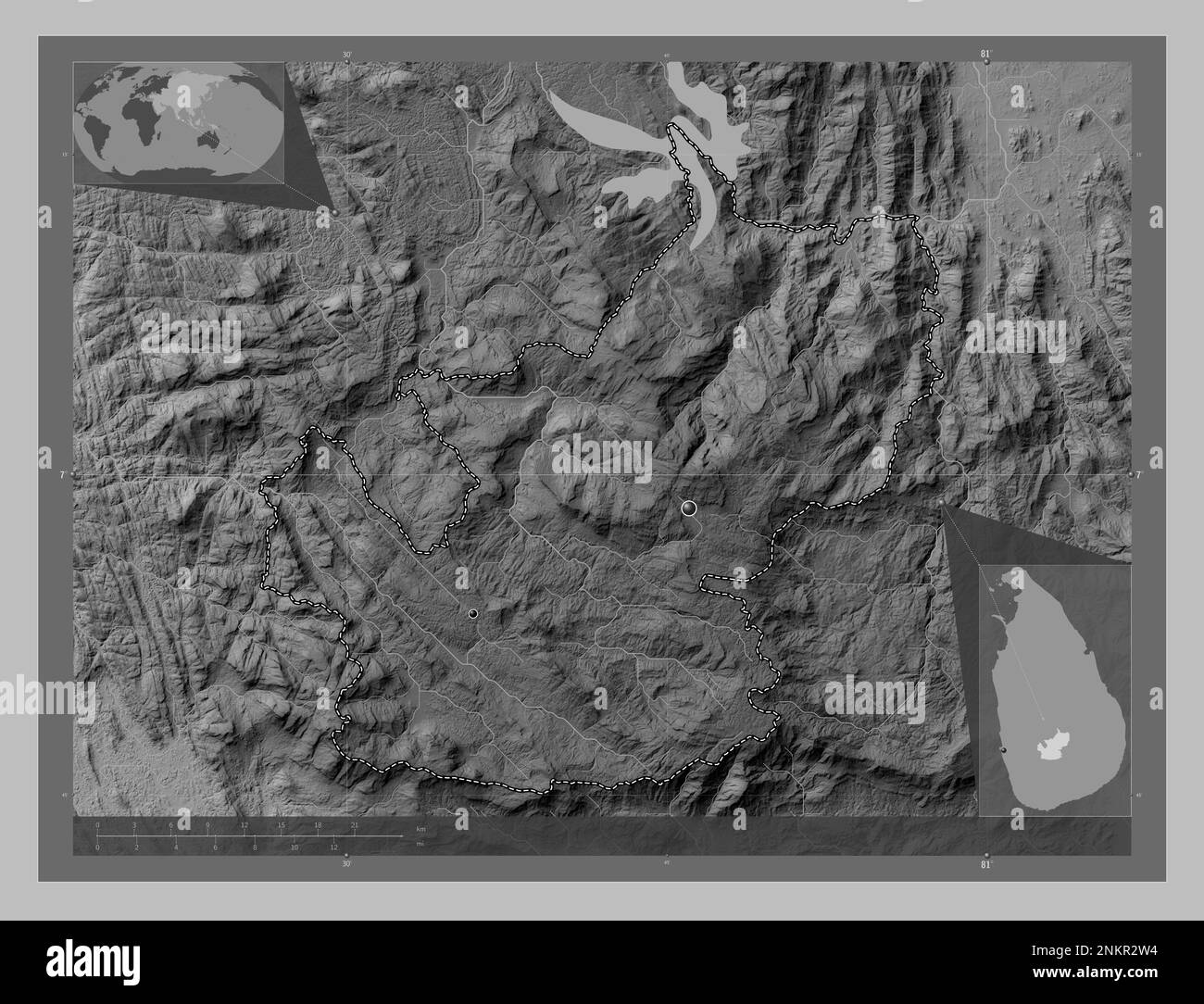 Nuwara Eliya, district of Sri Lanka. Grayscale elevation map with lakes ...