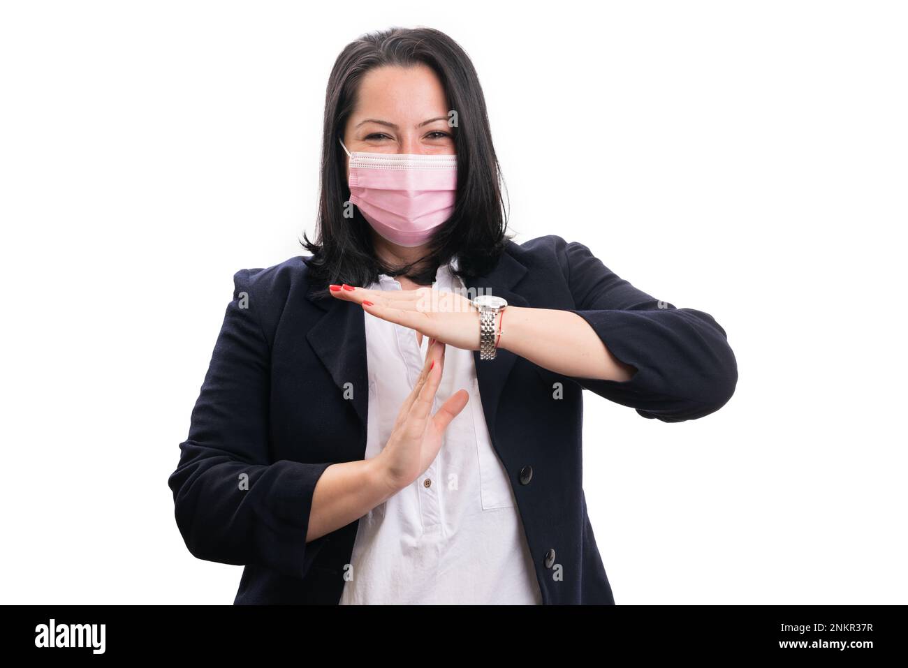 Adult female corporate business model making time out pause gesture ...