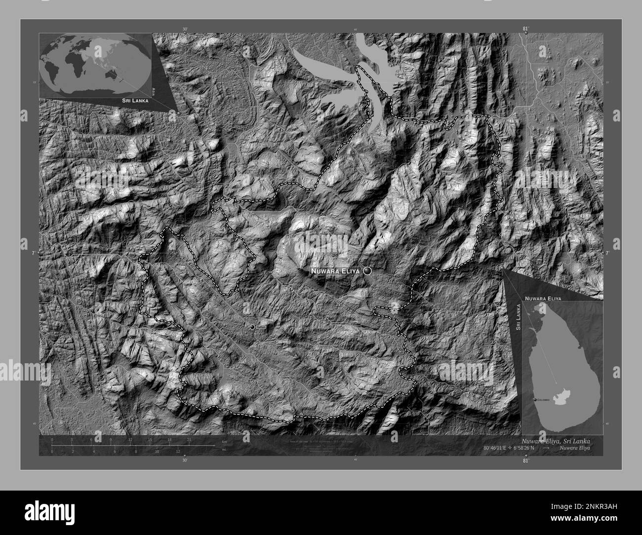 Nuwara Eliya, district of Sri Lanka. Bilevel elevation map with lakes ...