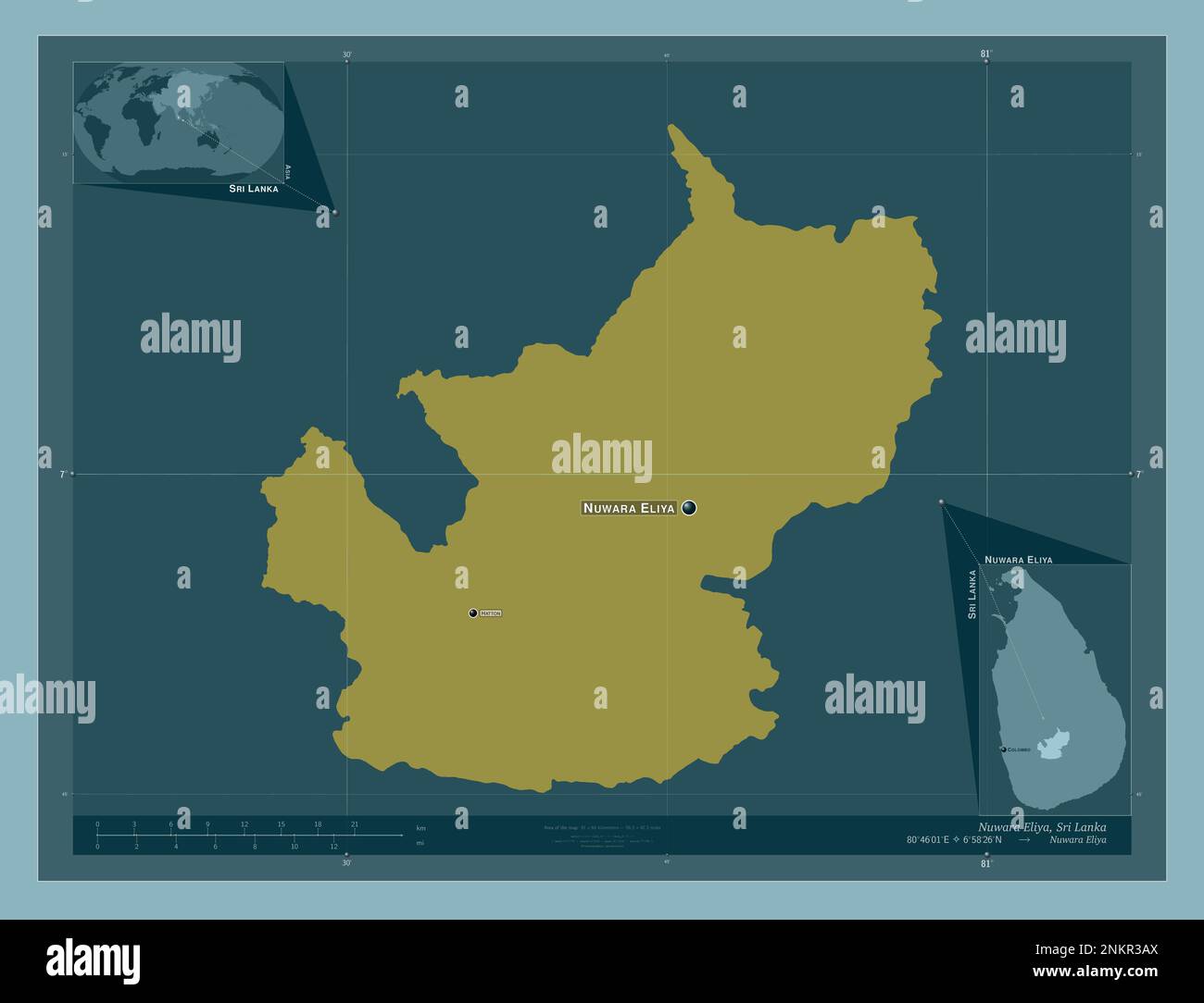 Nuwara Eliya, district of Sri Lanka. Solid color shape. Locations and ...