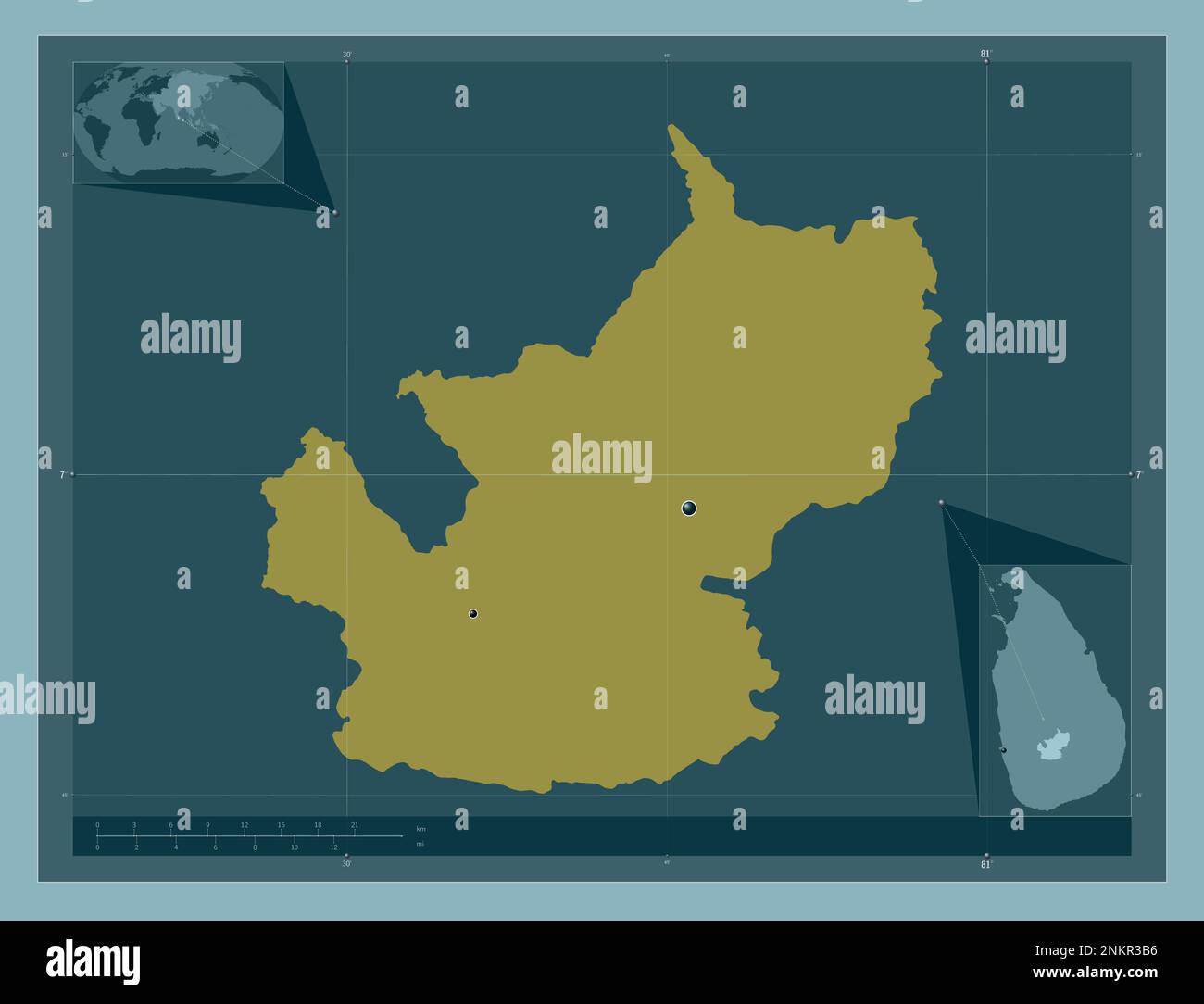 Nuwara Eliya, district of Sri Lanka. Solid color shape. Locations of ...