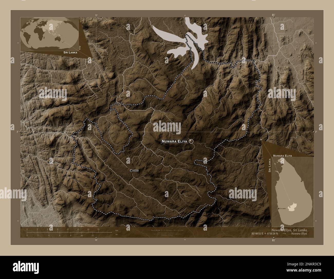 Nuwara Eliya, district of Sri Lanka. Elevation map colored in sepia ...