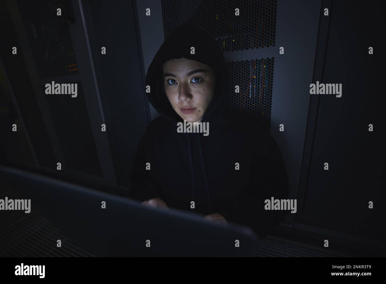 Laptop Hacker And Server With Portrait Of Woman For Coding Software