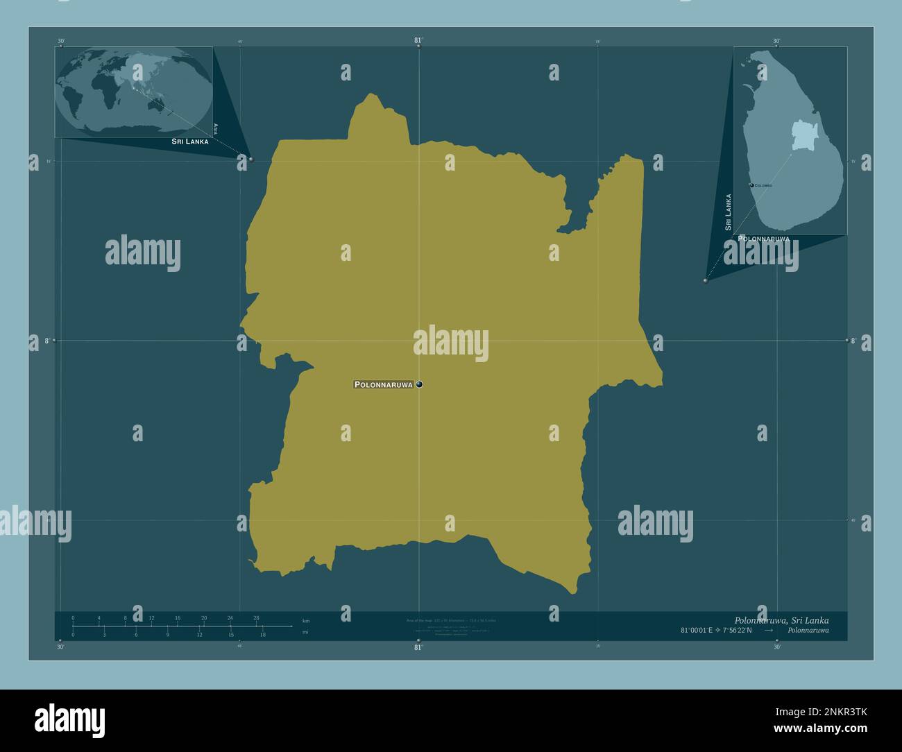 Polonnaruwa, district of Sri Lanka. Solid color shape. Locations and ...