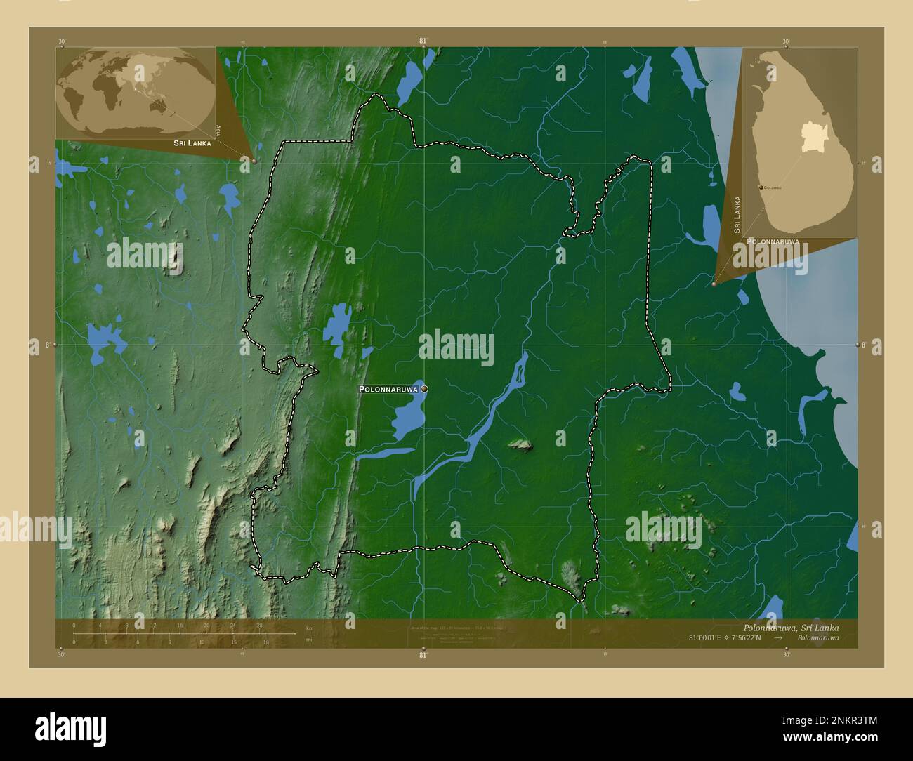 Polonnaruwa, district of Sri Lanka. Colored elevation map with lakes ...
