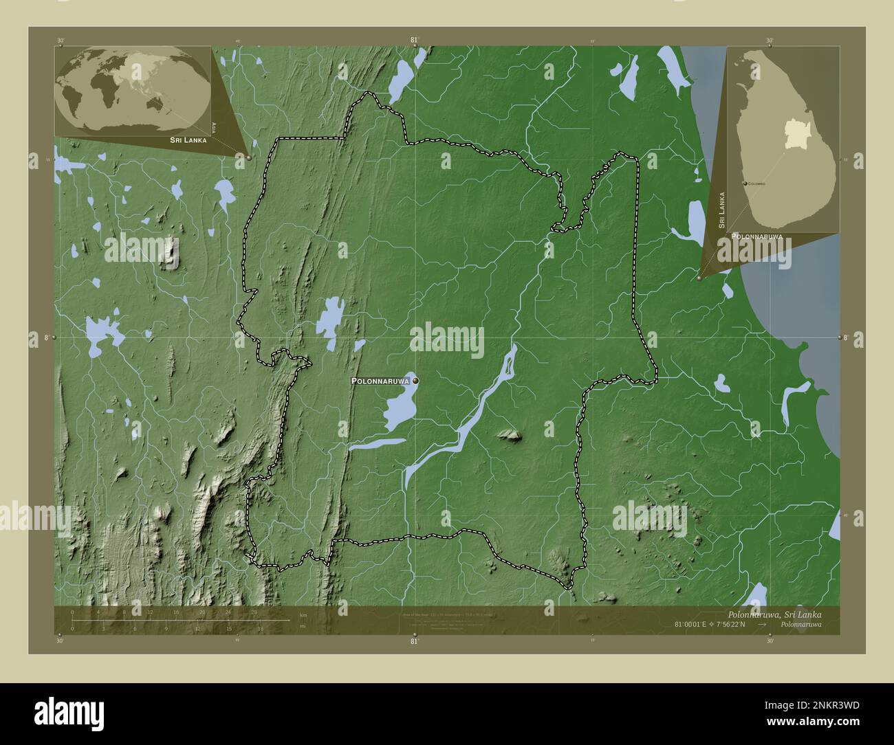 Polonnaruwa, district of Sri Lanka. Elevation map colored in wiki style ...