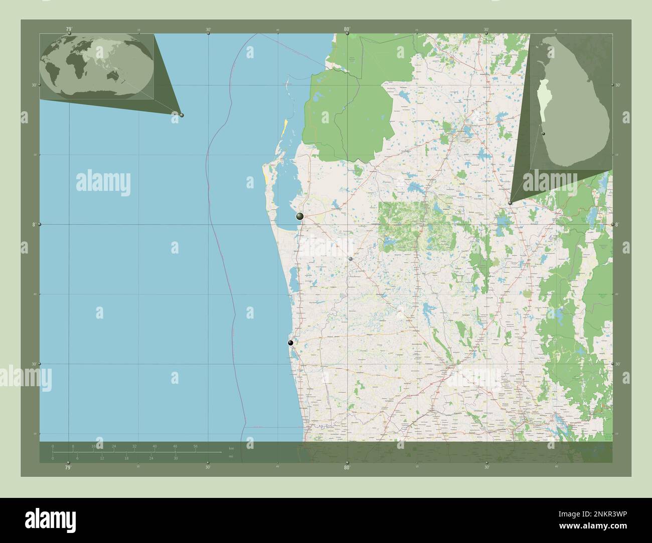 Puttalam, district of Sri Lanka. Open Street Map. Locations of major ...