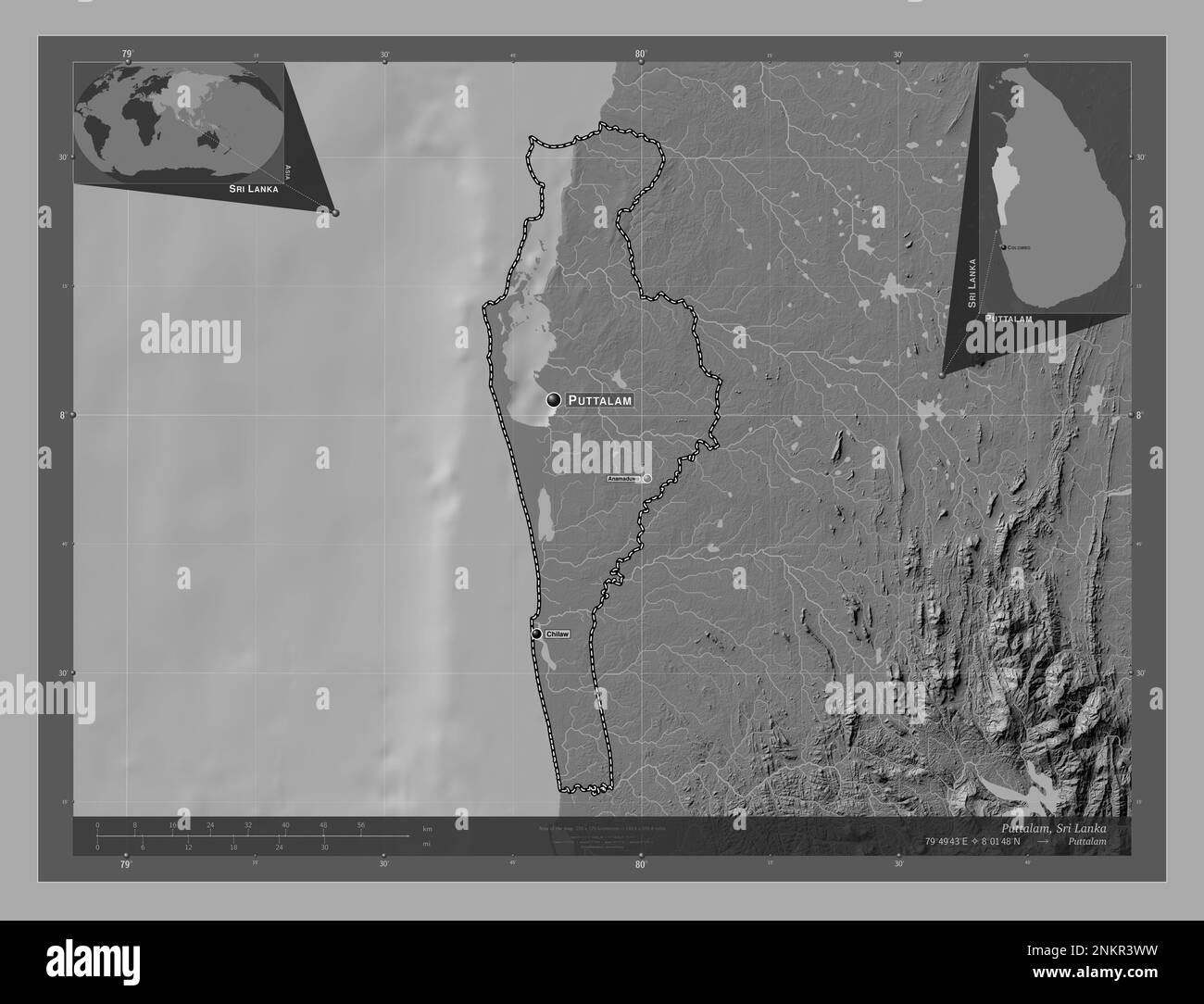 Puttalam, district of Sri Lanka. Bilevel elevation map with lakes and ...