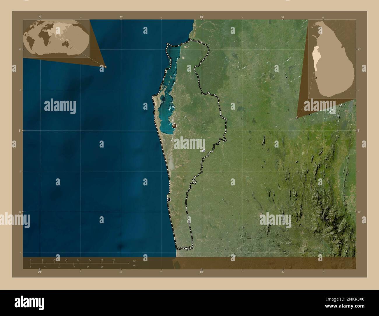 Puttalam, district of Sri Lanka. Low resolution satellite map ...