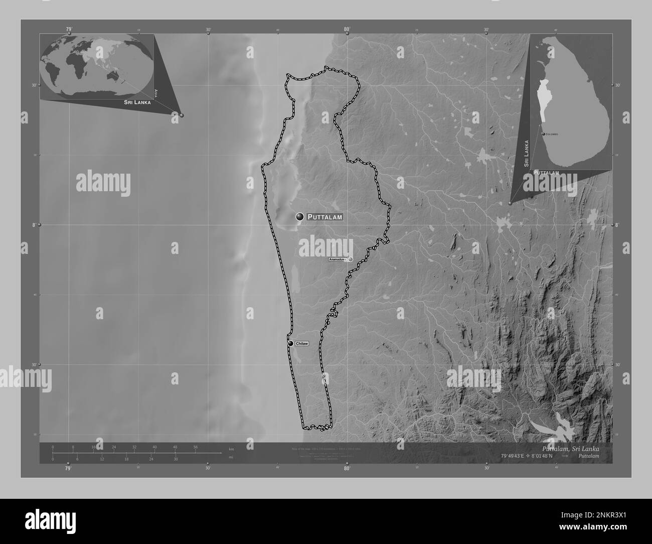 Puttalam, district of Sri Lanka. Grayscale elevation map with lakes and ...