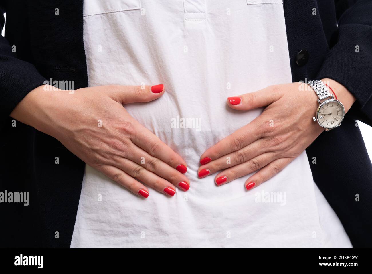 Close-up of adult businesswoman entrepreneur model touching painful ...