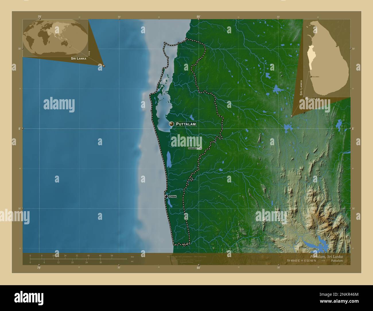 Puttalam, district of Sri Lanka. Colored elevation map with lakes and ...