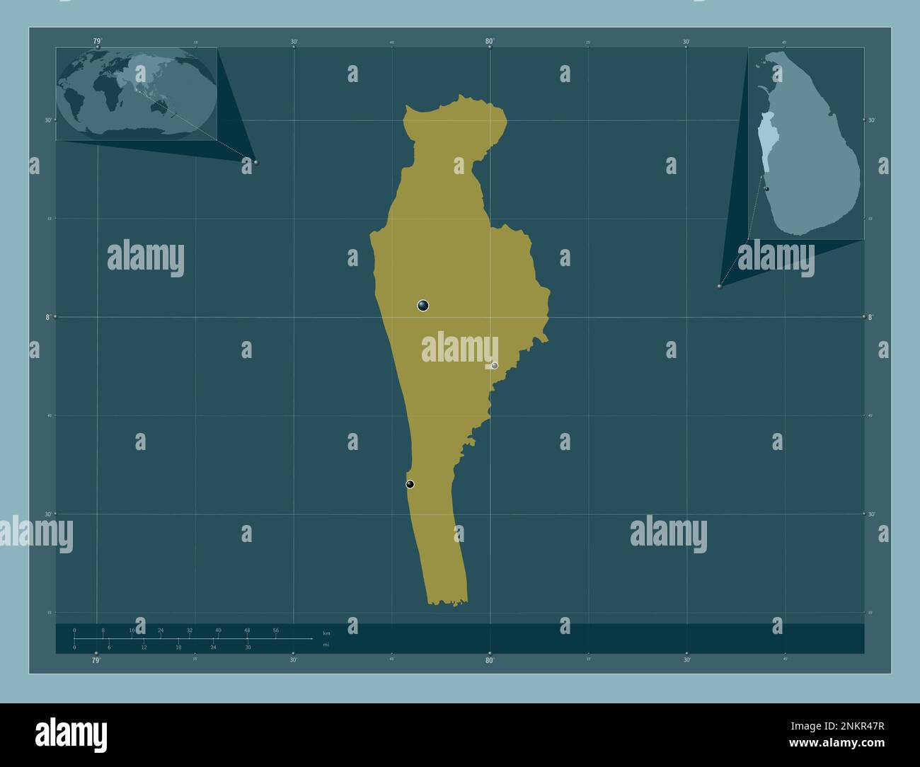 Puttalam, district of Sri Lanka. Solid color shape. Locations of major ...