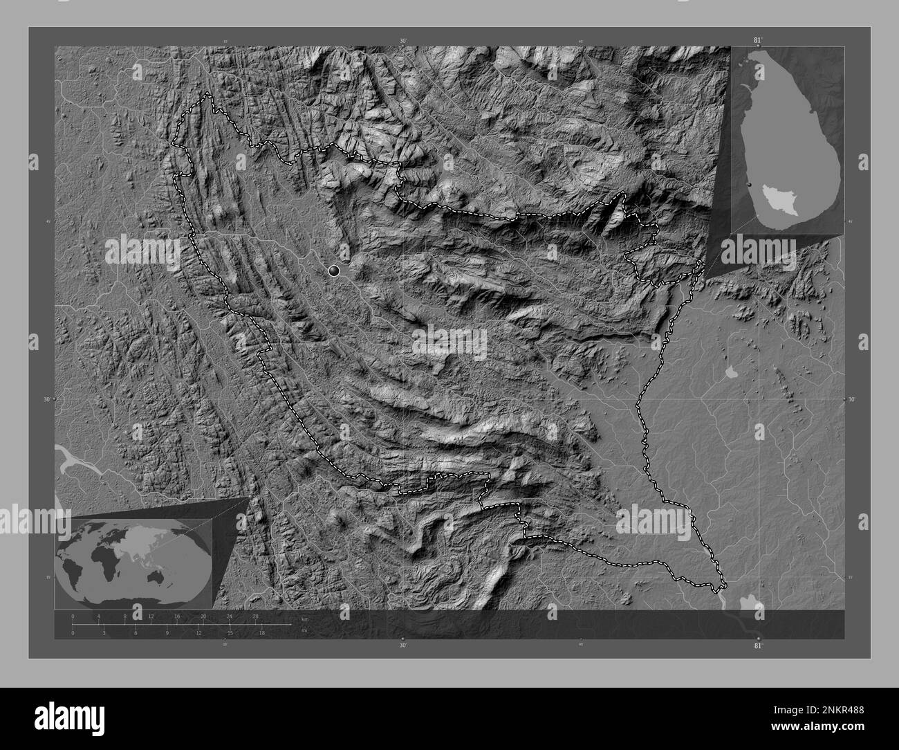 Ratnapura, district of Sri Lanka. Bilevel elevation map with lakes and ...