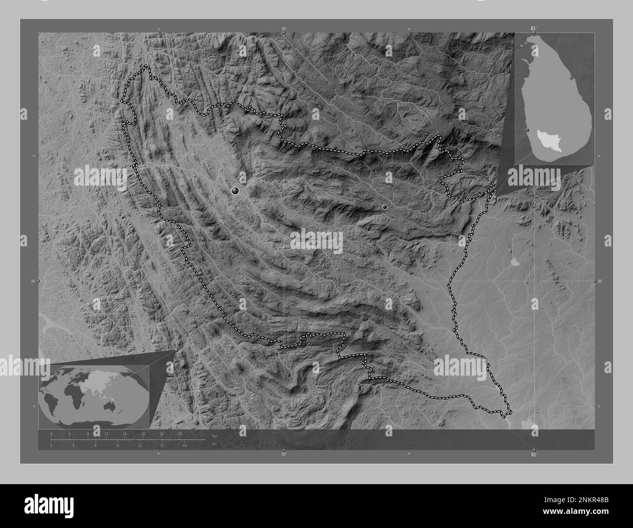 Ratnapura, district of Sri Lanka. Grayscale elevation map with lakes ...