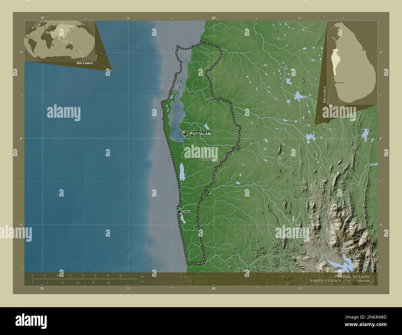 Puttalam, district of Sri Lanka. Elevation map colored in wiki style ...