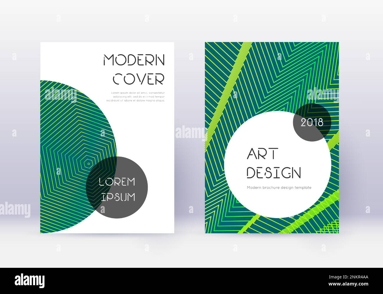 Trendy cover design template set. Green abstract lines on dark ...
