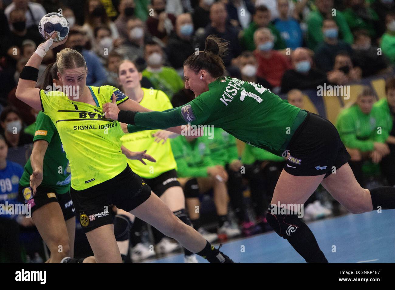 Anett Kisfaludy, right, of FTC Rail Cargo Hungaria in action against ...