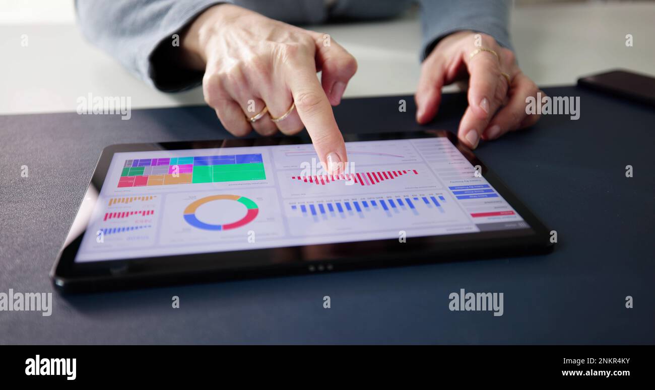 Investor KPI Analytics Graph. Hand Pointing At Data Stock Photo - Alamy