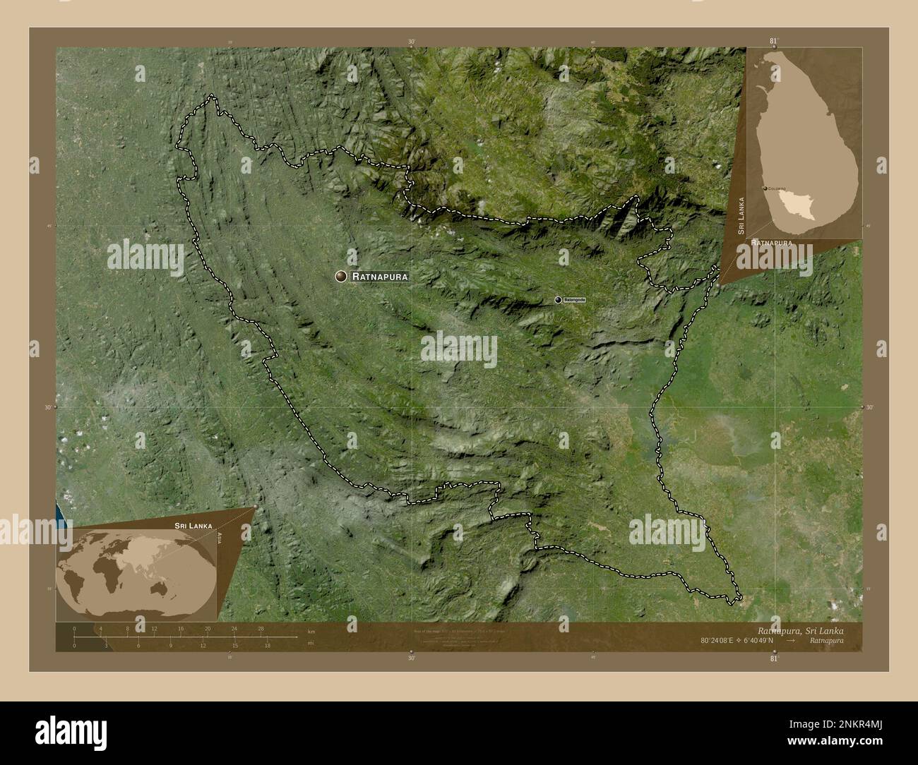 Ratnapura, district of Sri Lanka. Low resolution satellite map ...