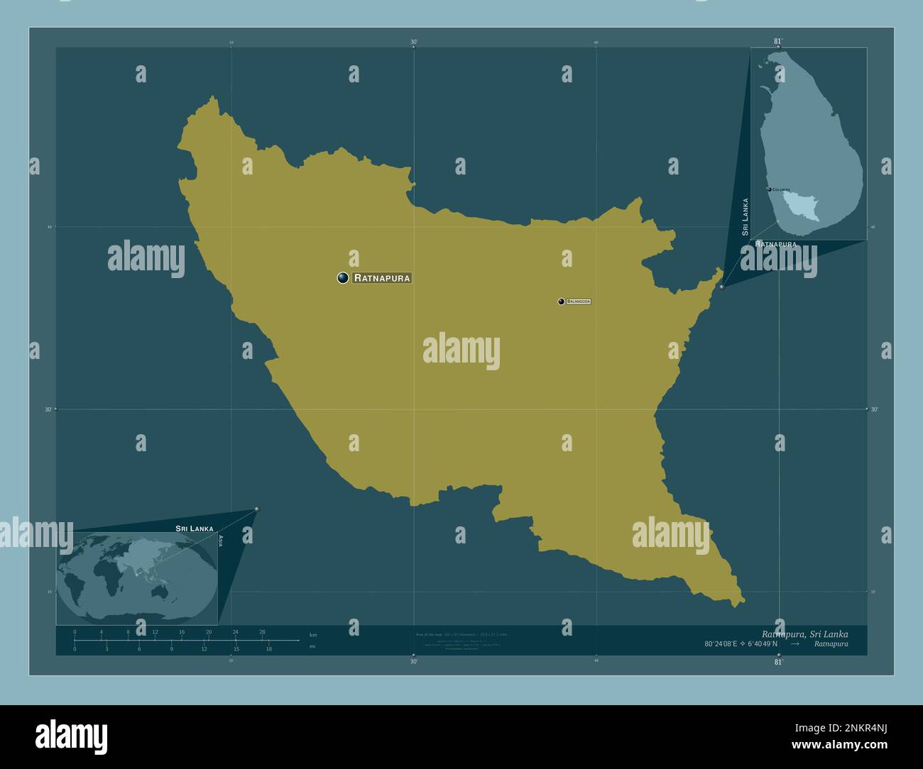 Ratnapura, district of Sri Lanka. Solid color shape. Locations and ...
