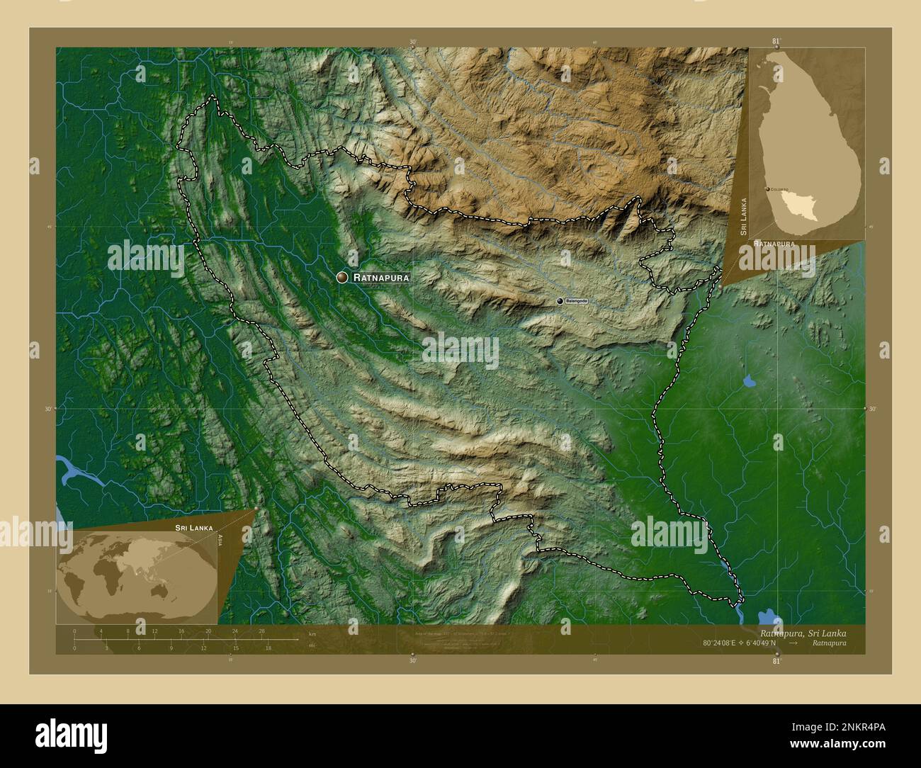 Ratnapura, district of Sri Lanka. Colored elevation map with lakes and ...