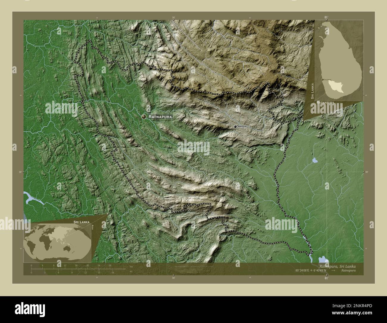 Ratnapura, district of Sri Lanka. Elevation map colored in wiki style ...