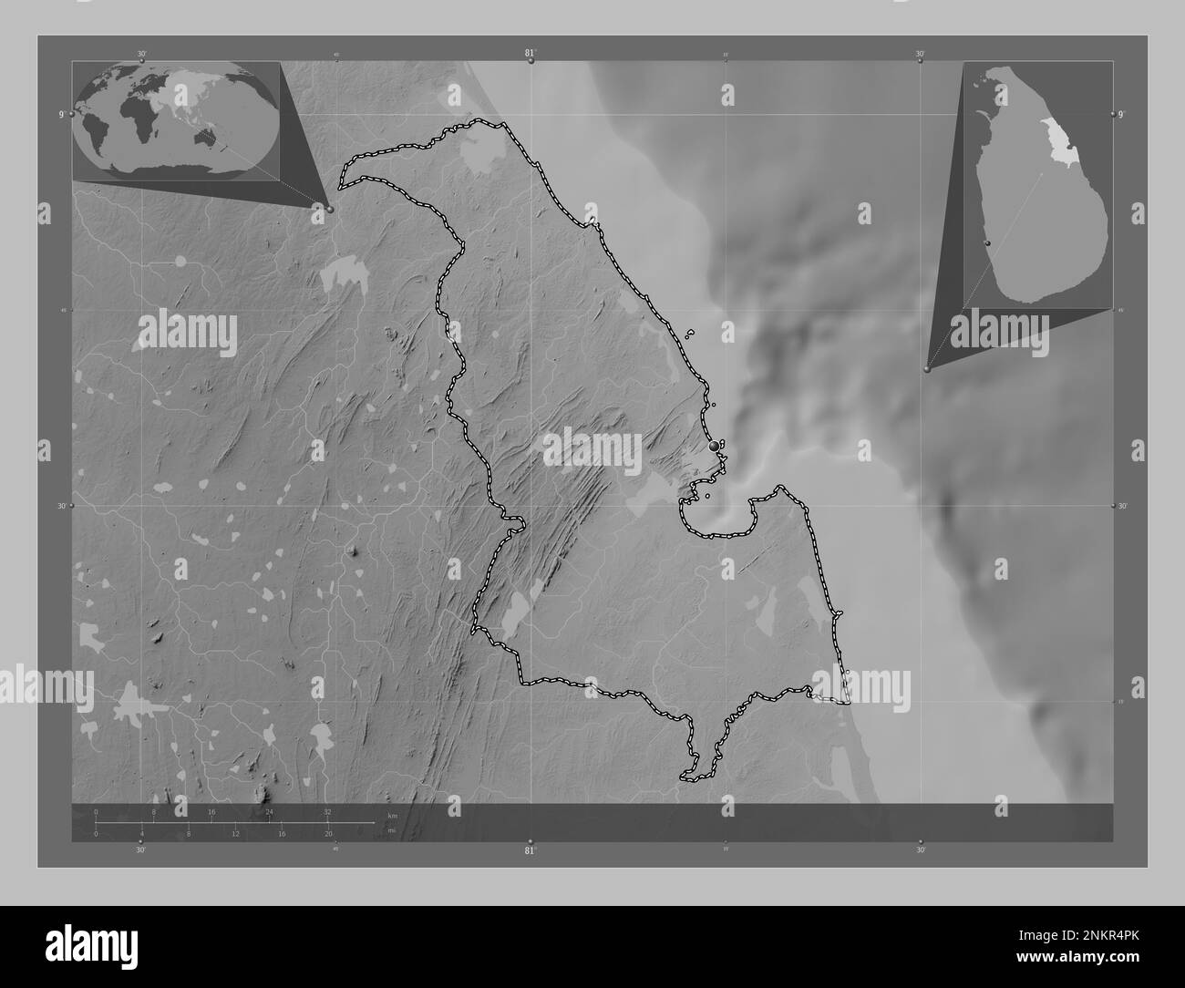 Trincomalee, district of Sri Lanka. Grayscale elevation map with lakes ...