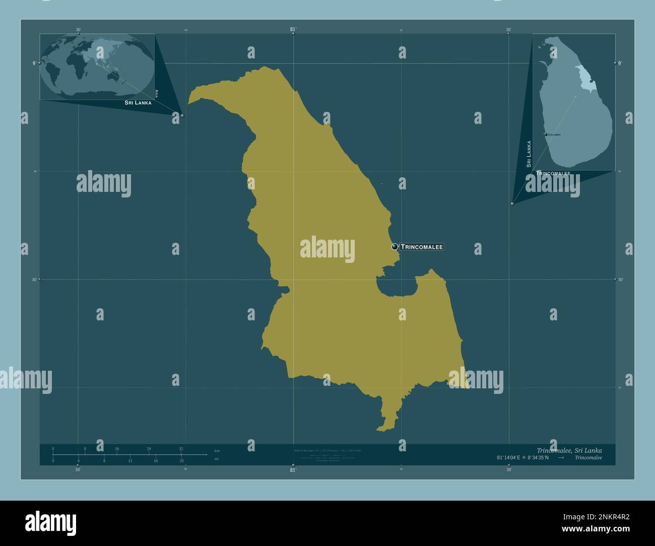 Trincomalee, district of Sri Lanka. Solid color shape. Locations and ...