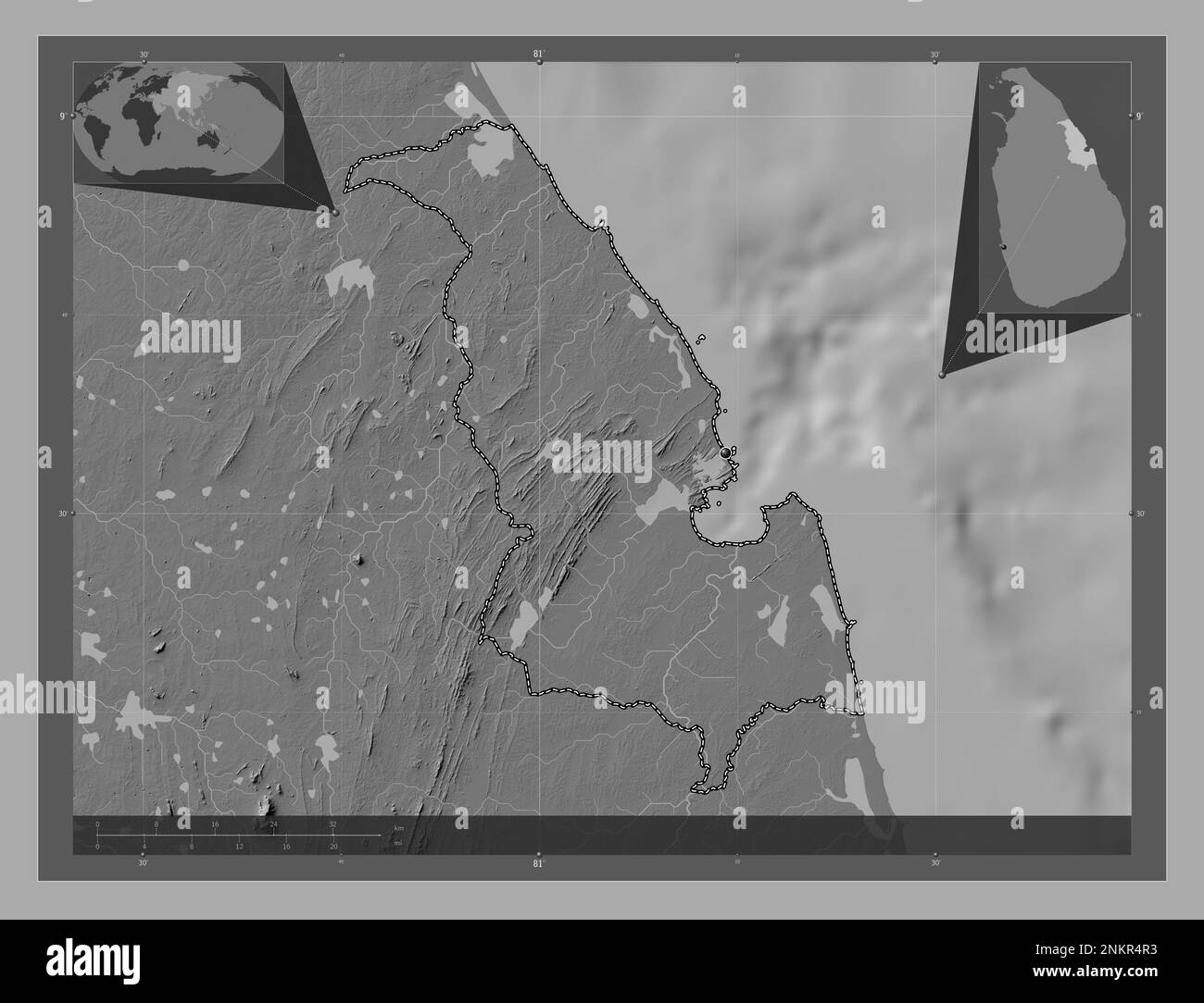 Trincomalee, district of Sri Lanka. Bilevel elevation map with lakes ...