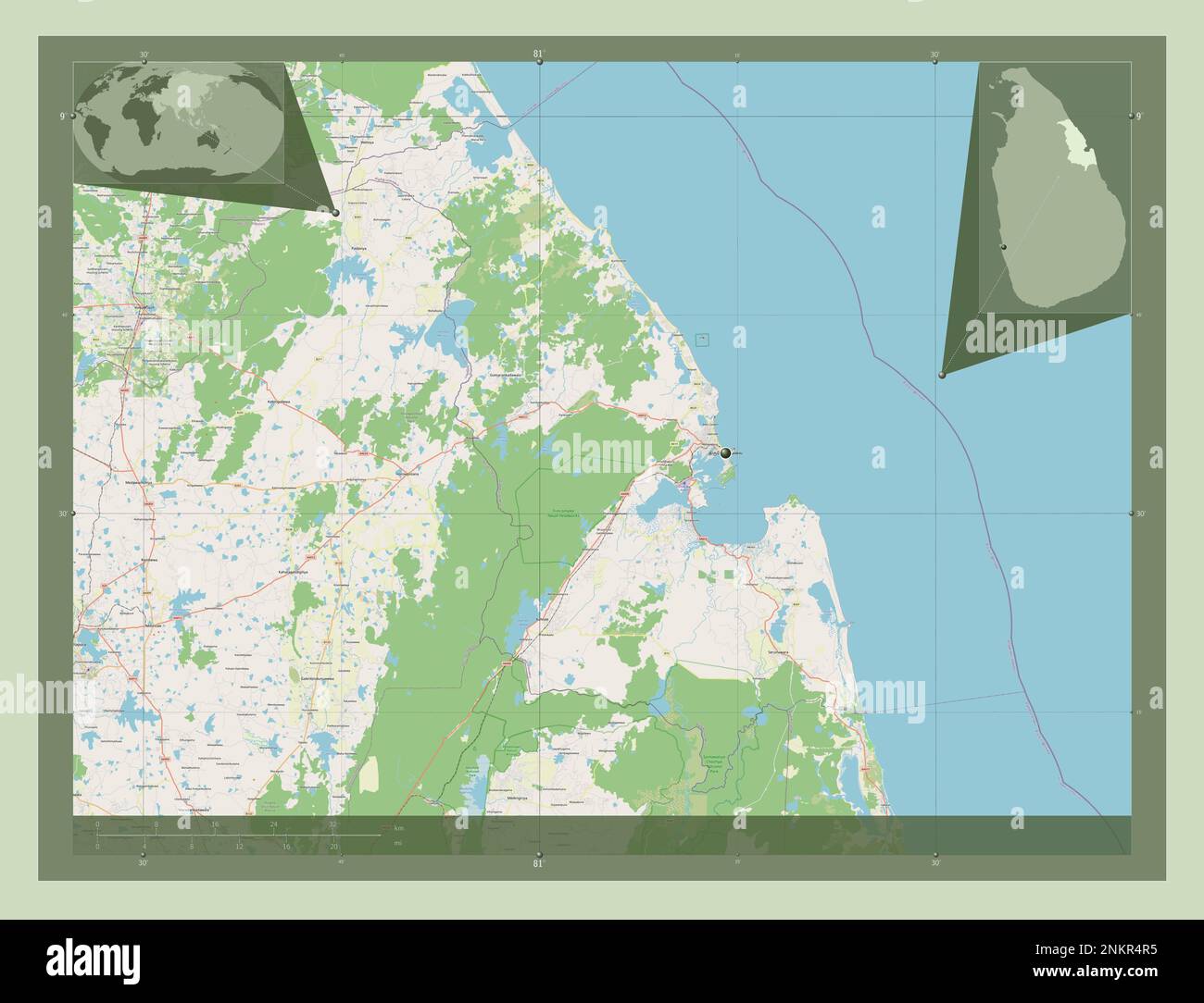 Trincomalee, district of Sri Lanka. Open Street Map. Locations of major ...