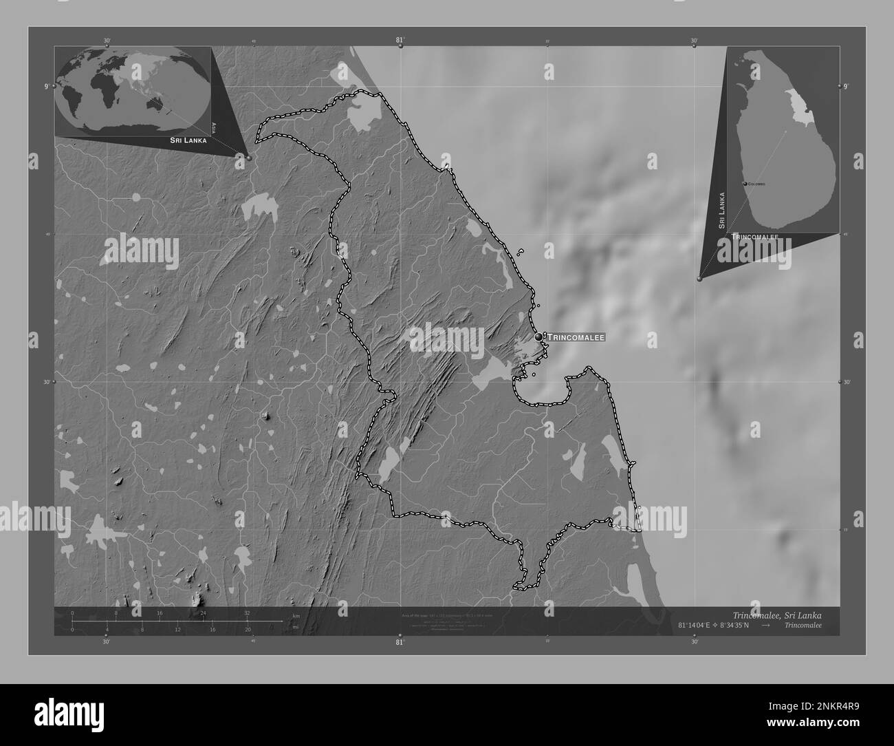Trincomalee, district of Sri Lanka. Bilevel elevation map with lakes ...