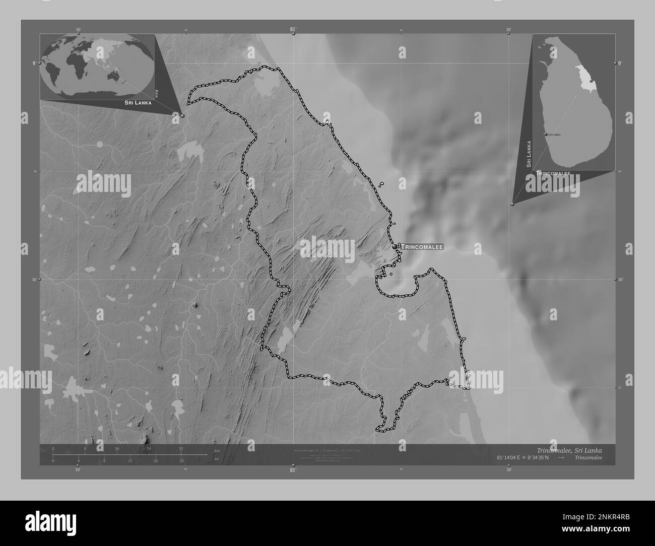 Trincomalee, district of Sri Lanka. Grayscale elevation map with lakes ...