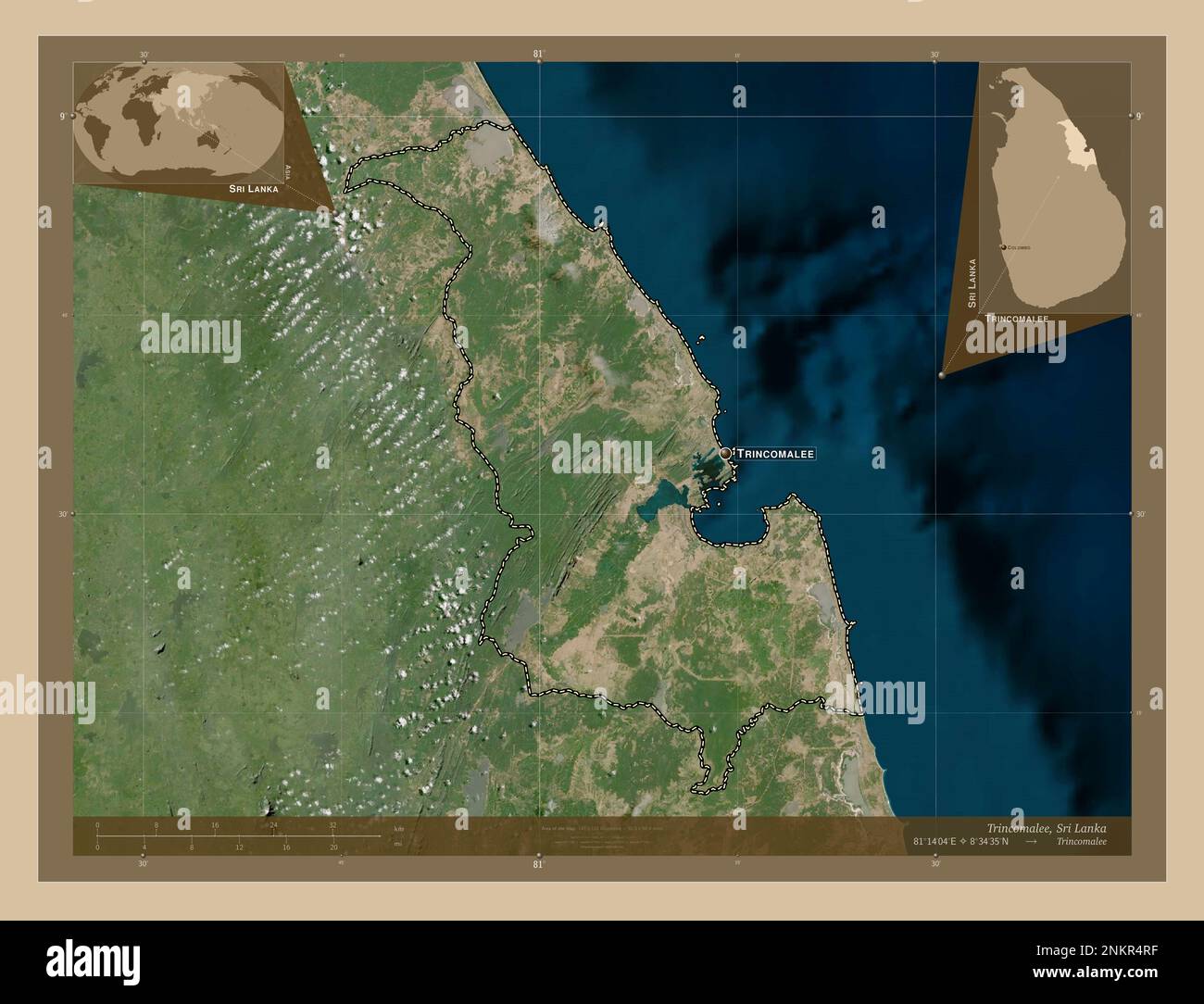 Trincomalee, district of Sri Lanka. Low resolution satellite map ...