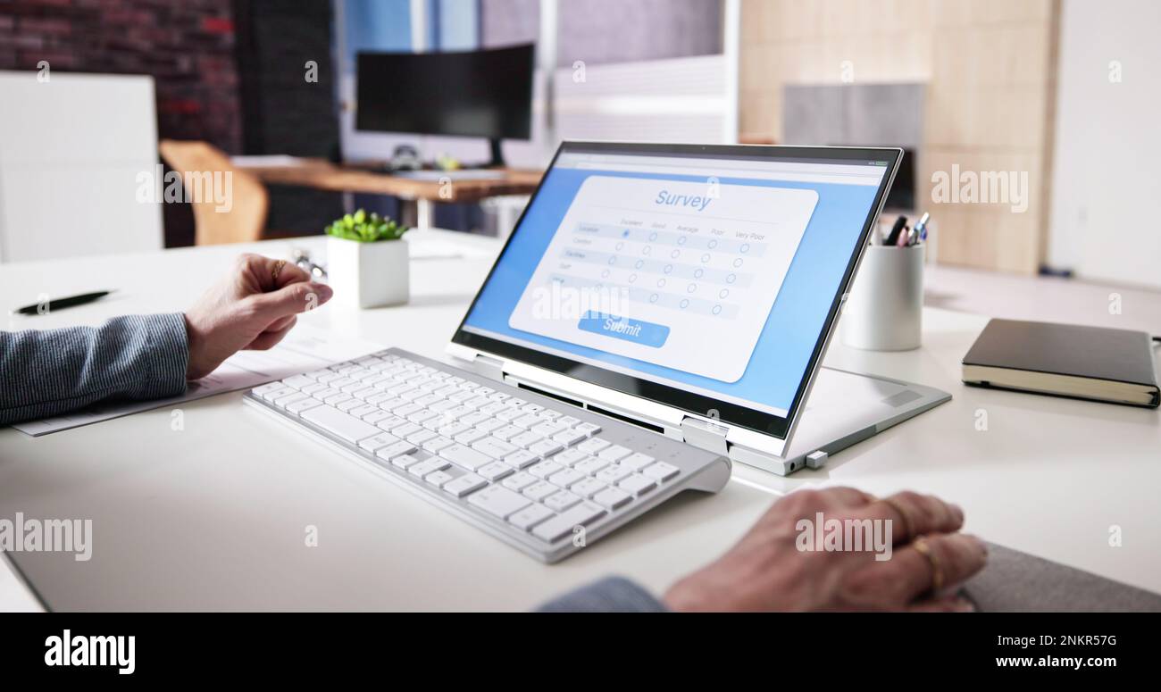 Woman Filling Survey Poll Or Form On Laptop Computer Stock Photo - Alamy