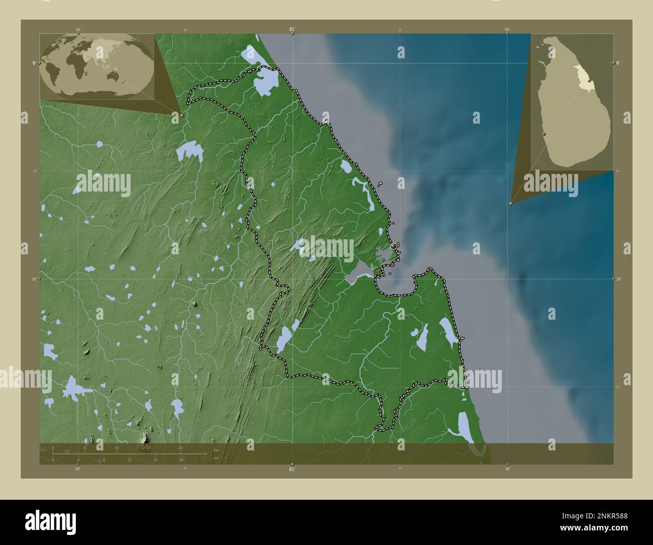 Trincomalee, district of Sri Lanka. Elevation map colored in wiki style ...