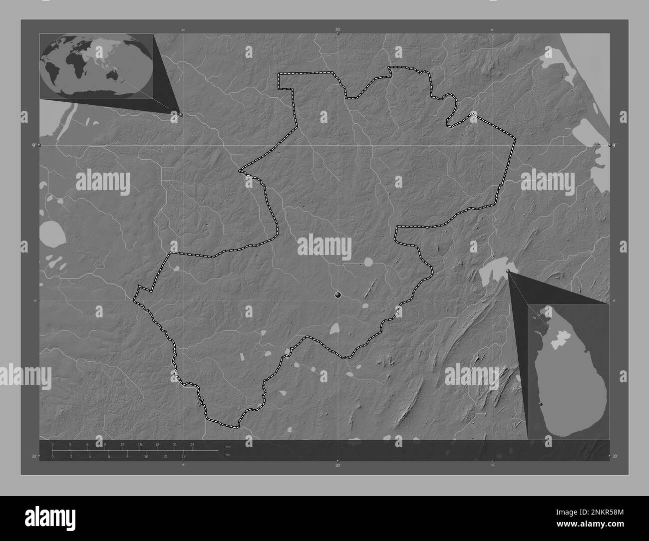 Vavuniya, district of Sri Lanka. Bilevel elevation map with lakes and ...