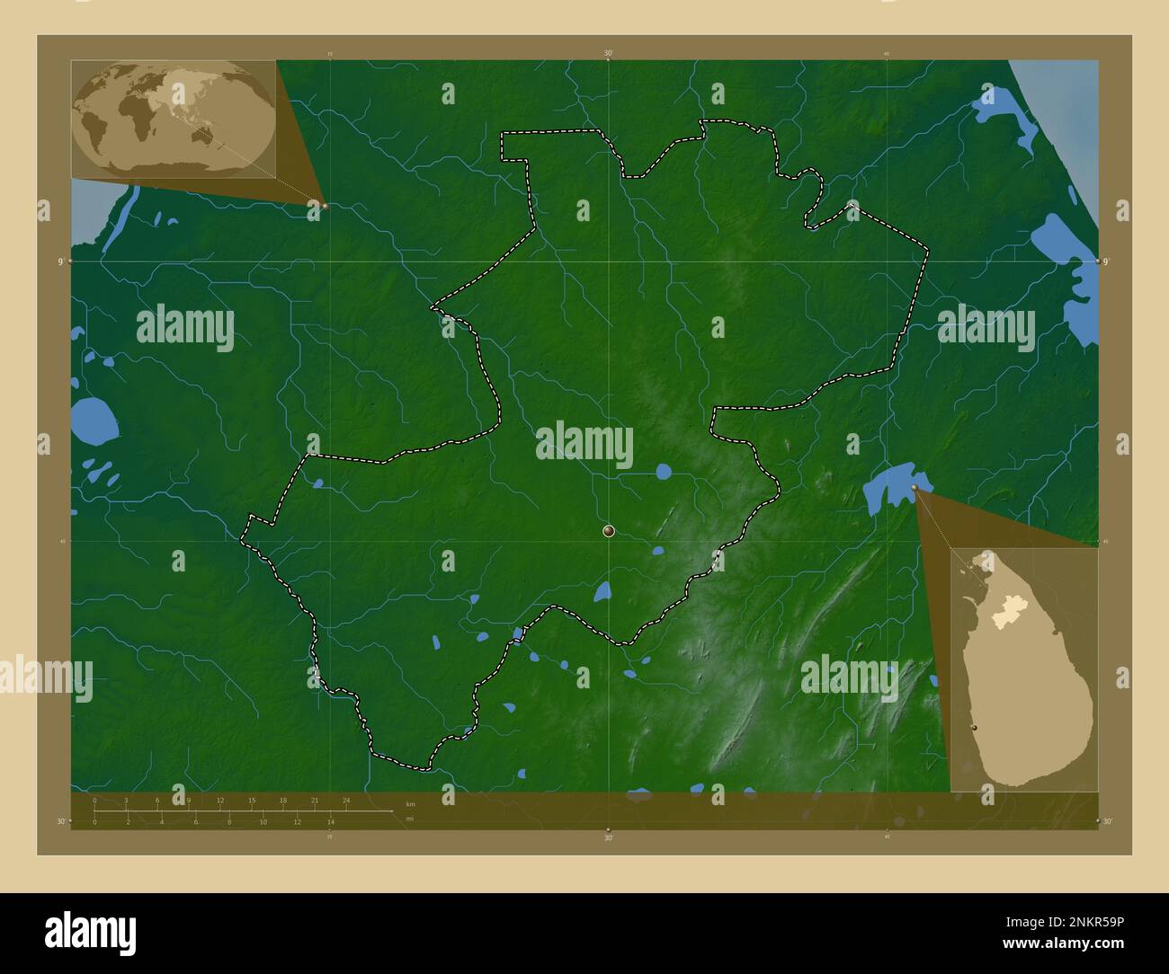 Vavuniya, district of Sri Lanka. Colored elevation map with lakes and ...