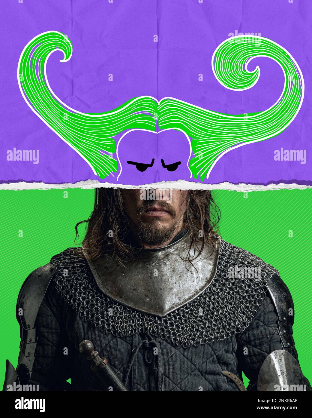 Contemporary art collage with doodles. Man, medieval warrior, knight ...