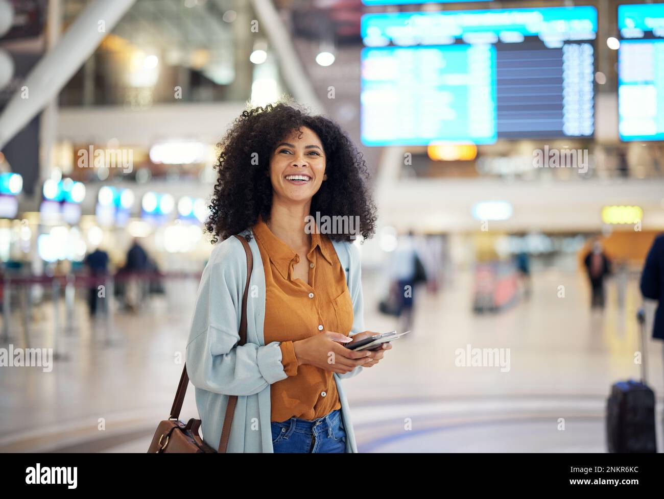 Black woman at airport, travel and passport with happiness, excited for ...