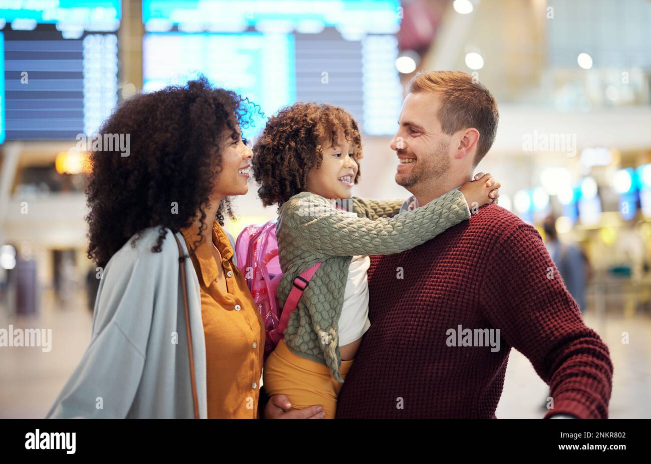 Family at airport, travel and hug with vacation, mother and father with ...