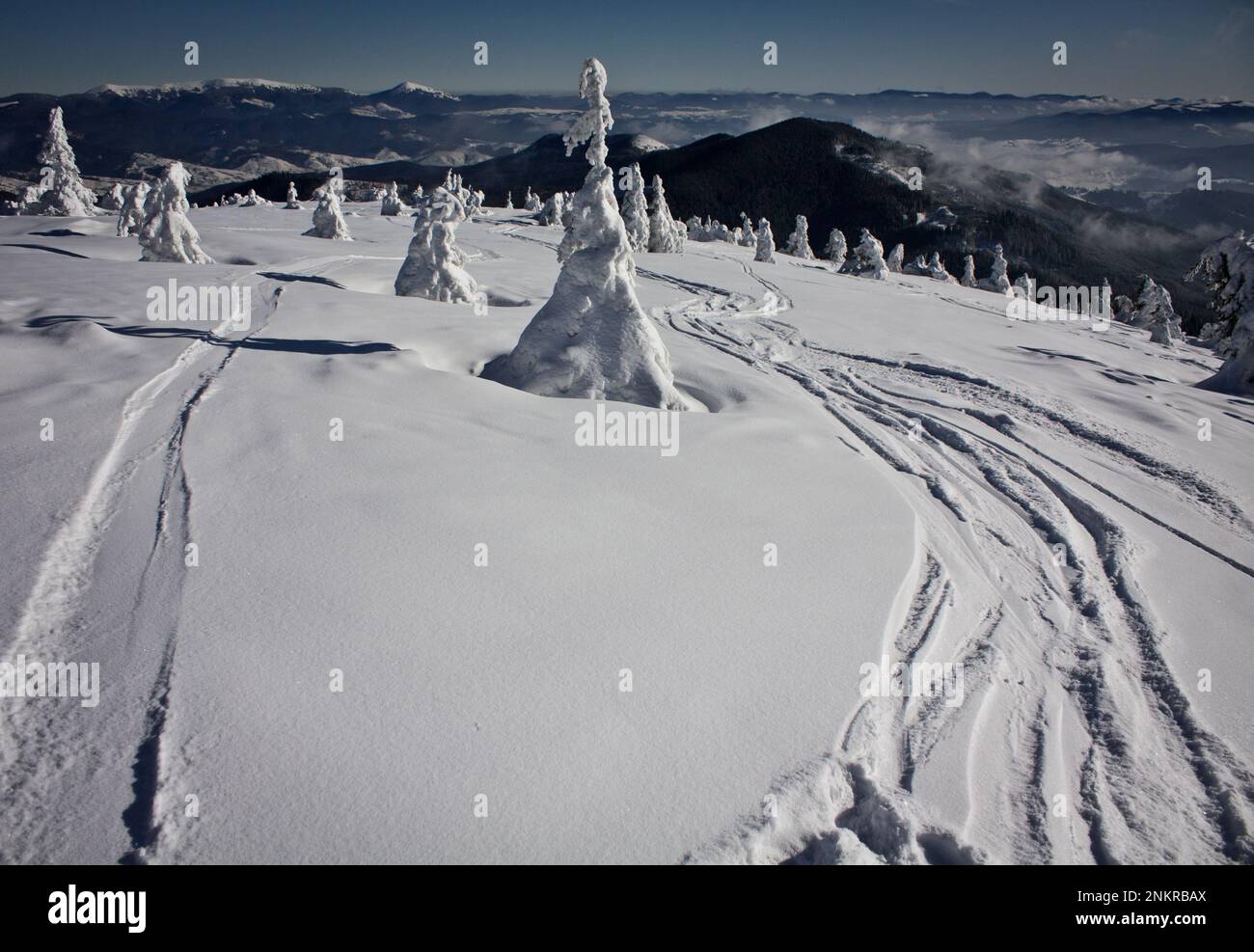 Ski marks on steep snow slope landscape photo Stock Photo - Alamy