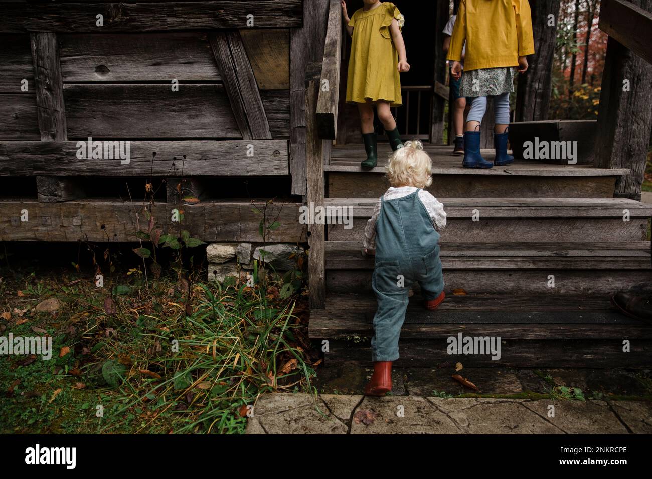 Rear view of girl climbing wooden steps towards lodge with children ...