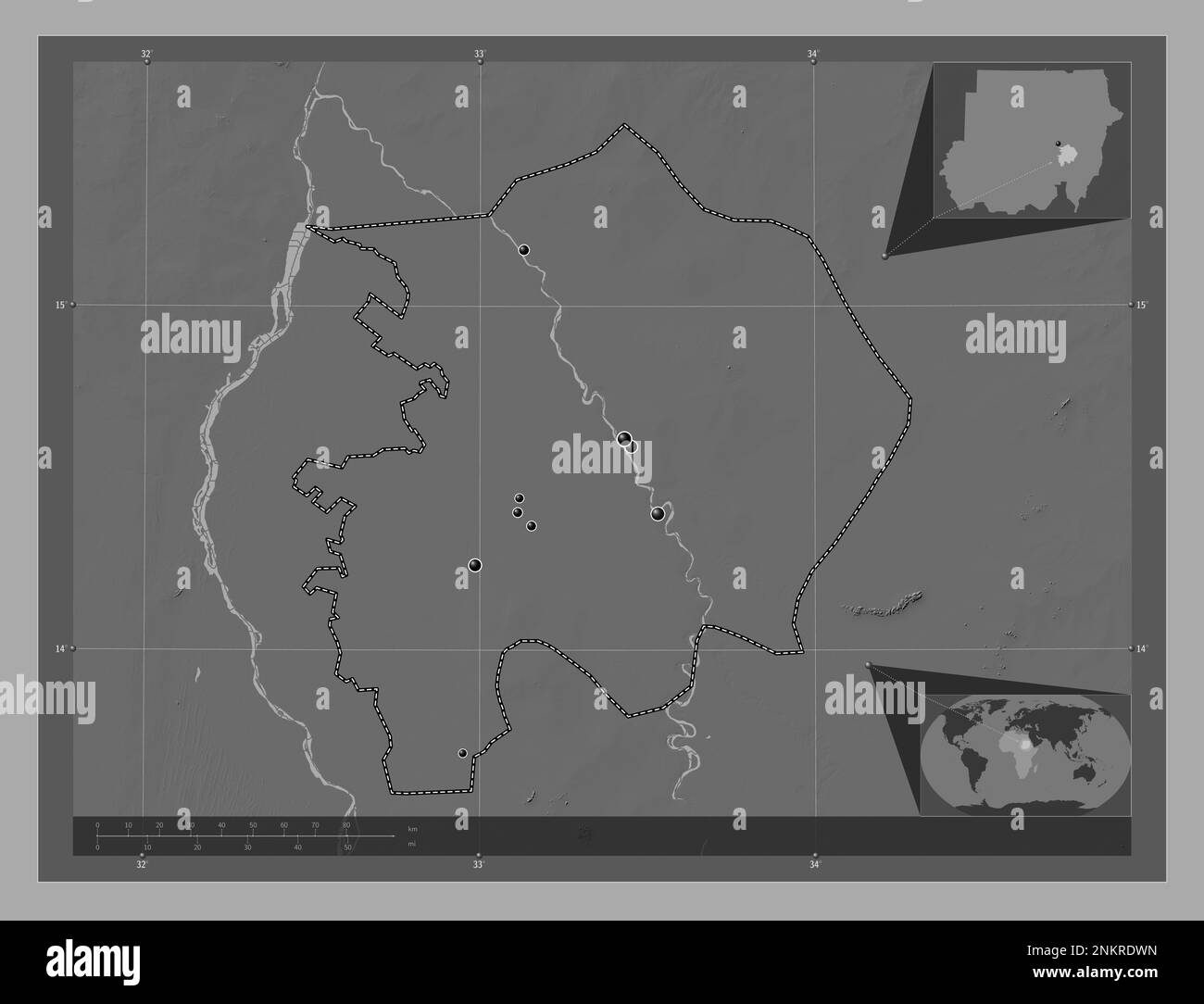 Al Jazirah, state of Sudan. Bilevel elevation map with lakes and rivers ...
