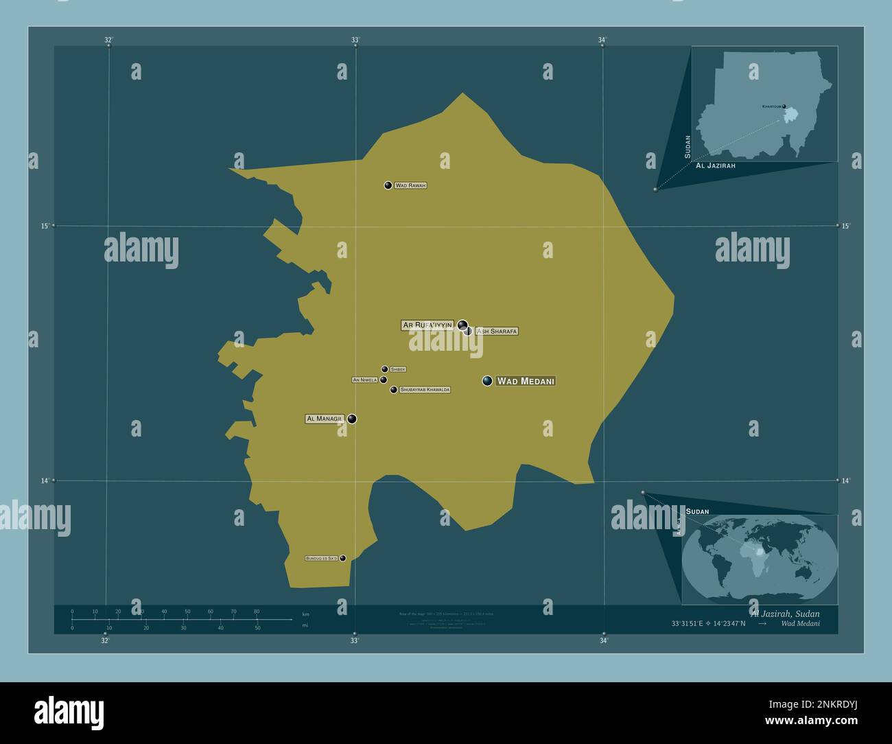 Al Jazirah, state of Sudan. Solid color shape. Locations and names of ...
