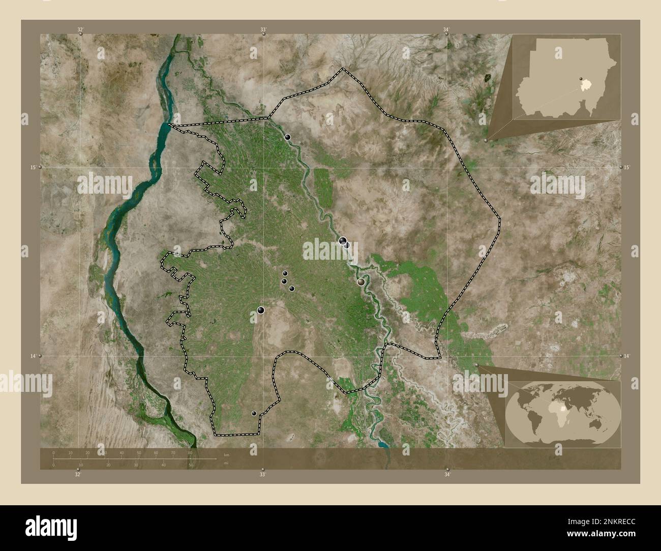 Al Jazirah, state of Sudan. High resolution satellite map. Locations of ...