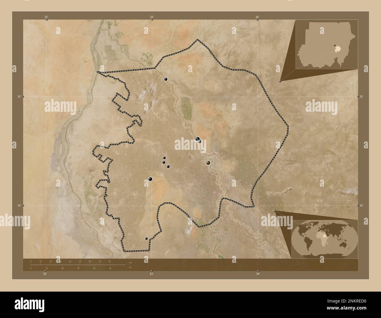 Al Jazirah, state of Sudan. Low resolution satellite map. Locations of ...