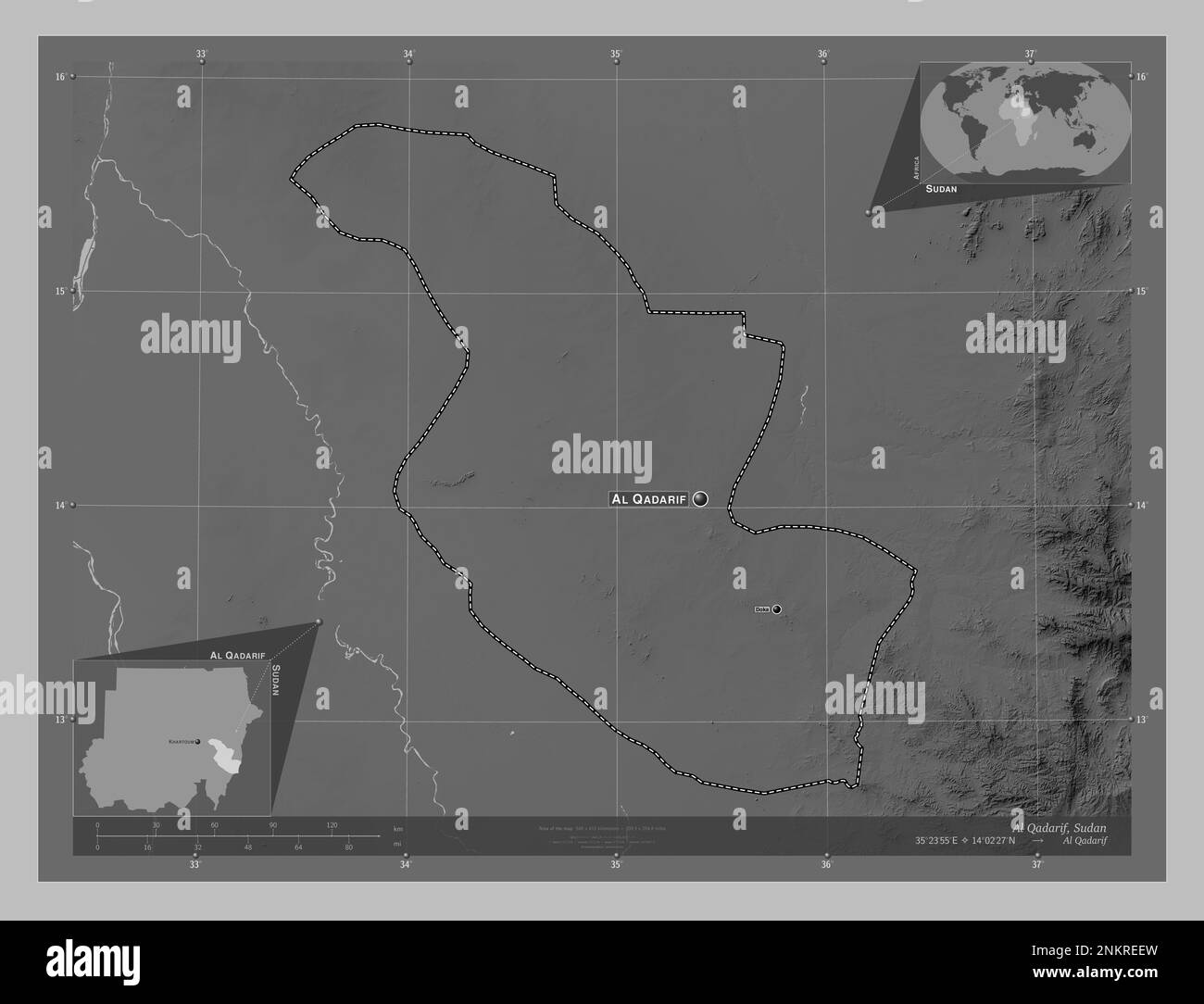 Al Qadarif, state of Sudan. Grayscale elevation map with lakes and ...